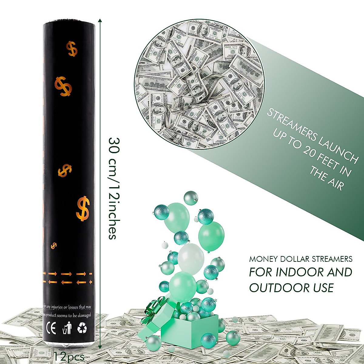 Confetti Cannon Party Poppers 12Pack Biodegradable 100 Dollar Bill Money Confetti Make it Rain 12inch Confetti Shooters Bill Launcher for Business Signing Opening Activities Birthday Party Celebration