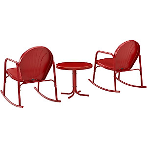 Crosley Furniture Griffith 3-Piece Outdoor Rocking Chair and Side Table Set, Retro Metal Bistro Patio Sets, Bright Red Gloss