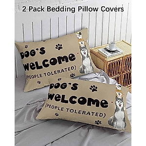 Edwiinsa Dog's Welcome Pillow Covers Standard Size Set of 2 20x26 Bed Pillow, Black Paws Farmhouse Beige Plush Soft Comfort for Hair/Skin Cooling Pillowcases with Envelop Closure