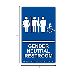 ComplianceSigns.com Gender Neutral Restroom Sign, ADA-Compliant Braille and Raised Letters, 11x6 inch Blue Acrylic with Adhesive Mounting Strips