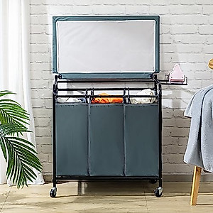 ALIMORDEN 3 laundry basket sorter with foldable ironing board,Removable Bag 3 laundry basket sorter with wheels Dark Grey