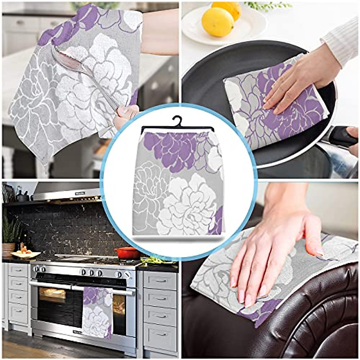 Savannan Dish Cloths for Kitchen, Peony Floral Print Abstract Geometric Pattern Purple Grey White,Super Soft and Absorbent,Reusable Polyester Towels for Home,Kitchen,18"x28", 2 Pack