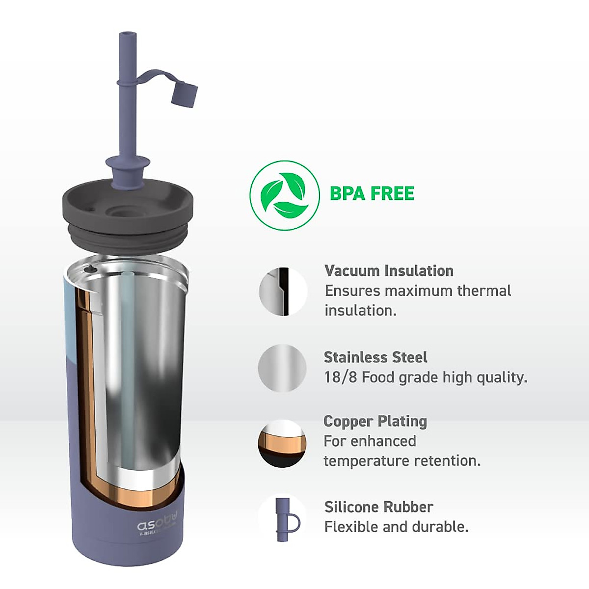 asobu Sippy Double Wall Stainless Steel Tumbler with Silicone Flexible Straw, 20 Ounces (Pastel Purple)