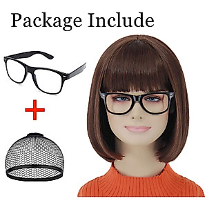 shecool Brown Bob Wig for Velma Wig Women Velma Costume with Glasses Short Bob Wig with Bangs Cute Natural Wigs for Daily Halloween Costume Party SL005BR