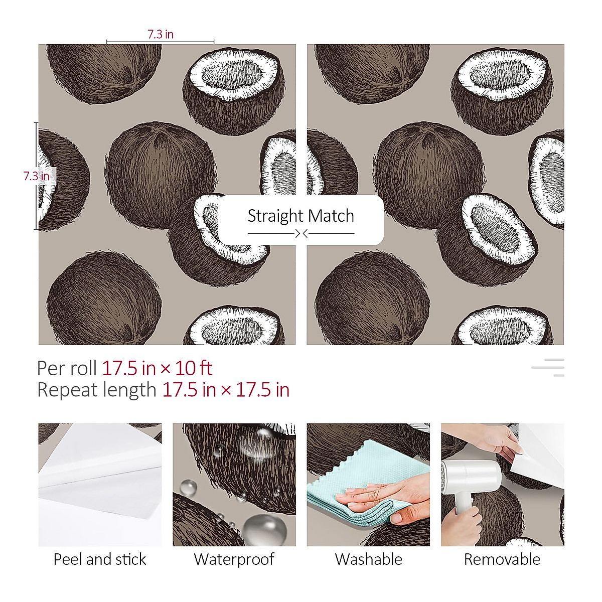 ReWallpaper Light Tan Peel and Stick Wallpaper Removable Brown Vinyl Wallpaper Stick and Peel Waterproof Contact Paper for Cabinets Bathroom Bedroom Tropical Coconut Fruit Wall Paper Roll 17.5in×10ft