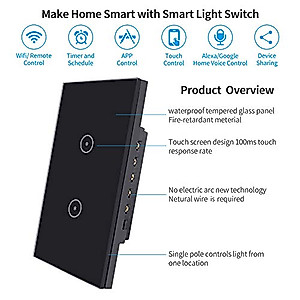 WiFi Light Switch, smart touch wall light switch, easy to install, App Remote Control Timer Switch，Voice Control，Set schedule timer，compatible with Amazon Alexa and Google Assistant