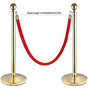 Red Velvet Stanchion Rope Crowd Control Rope Barrier with Gold Color Plated Hooks, 5 Foot