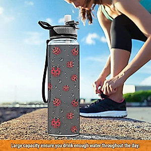 Fustylead Red Ladybugs 32 oz Tritan Water Bottle with Straw, Leakproof and BPA-Free Sport Water Bottle for Fitness, Gym & Outdoor