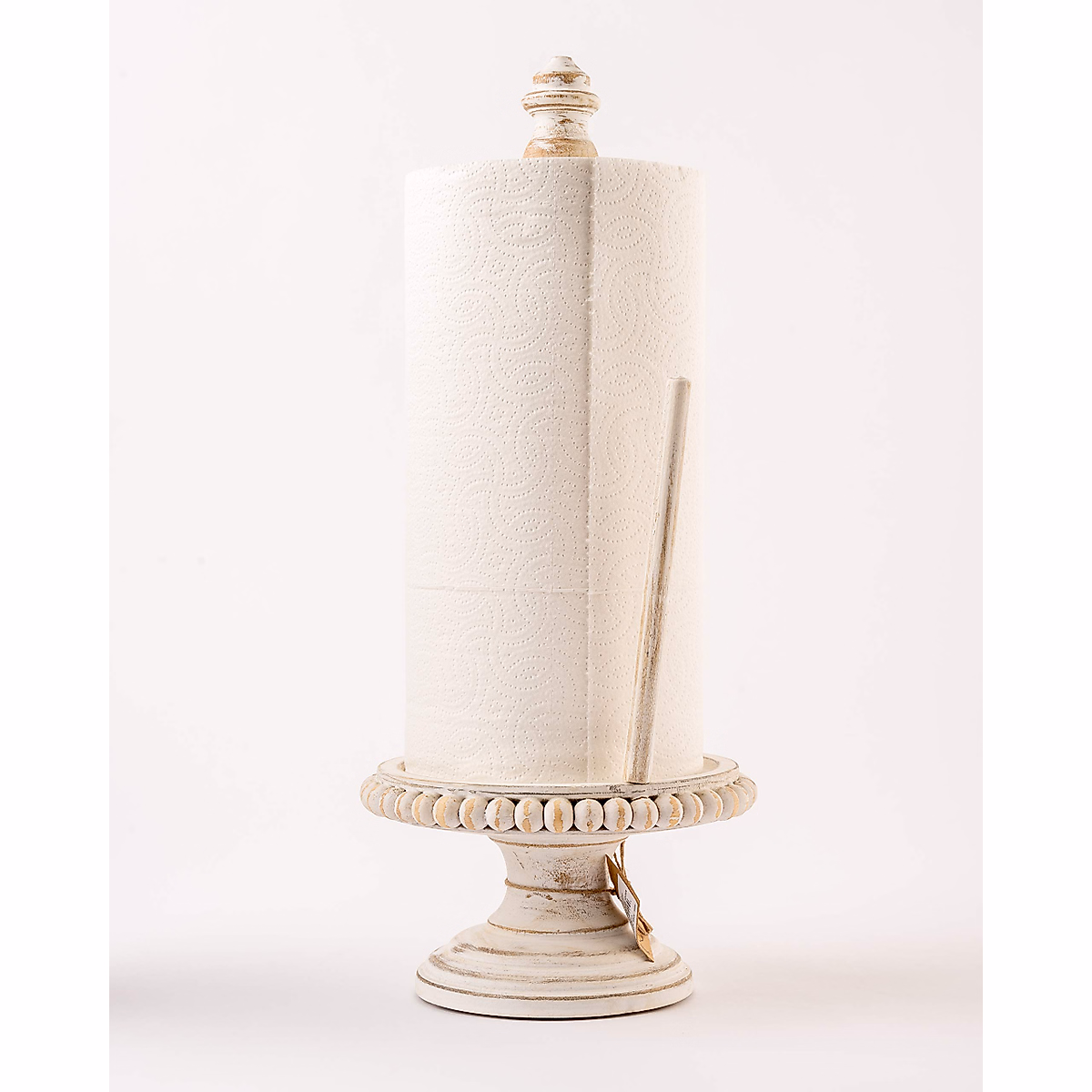 Mud Pie 47100002 Farmhouse Washed Beaded Wood Pedestal Paper Towel Holder, 16" x 6" Dia, White, Grey
