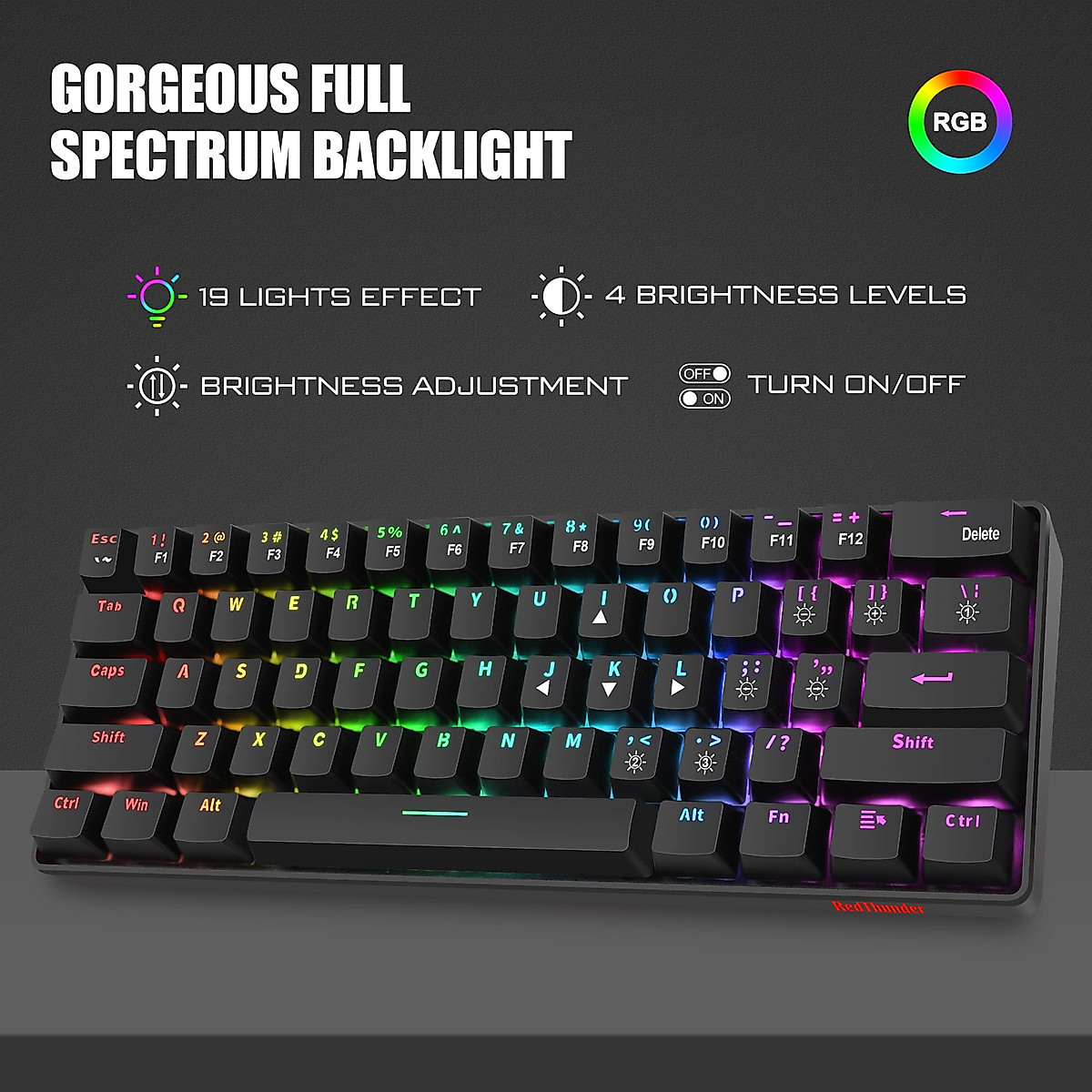 RedThunder 60% Wired Mechanical Gaming Keyboard, 61 Keys Ultra-Compact Keyboard, PBT Keycaps, RGB Backlight for PC (Brown Switch, Black)