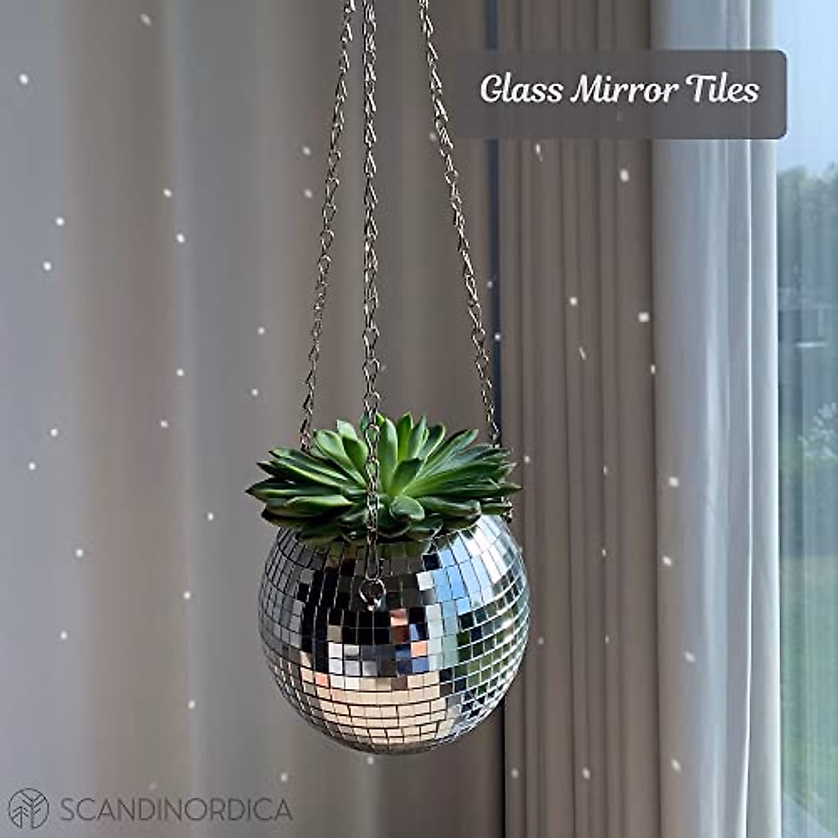 SCANDINORDICA Disco Ball Planter – Disco Ball Plant Hanger, Mirror Disco Planter with Chain and Macrame Hanger, Hanging Planters for Indoor Plants | 6 inch Silver