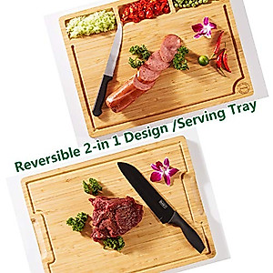 Boelley Extra Large Bamboo Cutting Board-Wood Cutting Board set for kitchen Chopping Board for Meat (Butcher Block) w/Juice Groove & Compartment & Handles w/6 Utensils &1 canvas bag L17"X13"