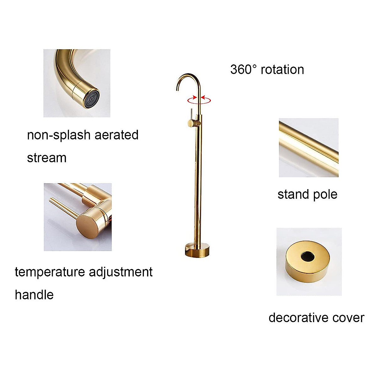 Akitbahome Freestanding Bathtub Faucet Tub Filler Faucet in Plating Gold,Floor Mount Single Handle Bathroom Shower
