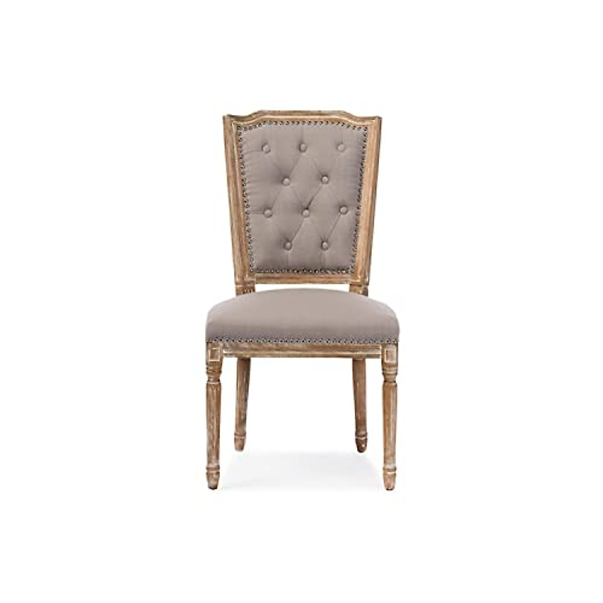Baxton Studio Estelle Shabby Chic Rustic French Country Cottage Weathered Oak Linen Button Tufted Upholstered Dining Chair, Medium, Beige