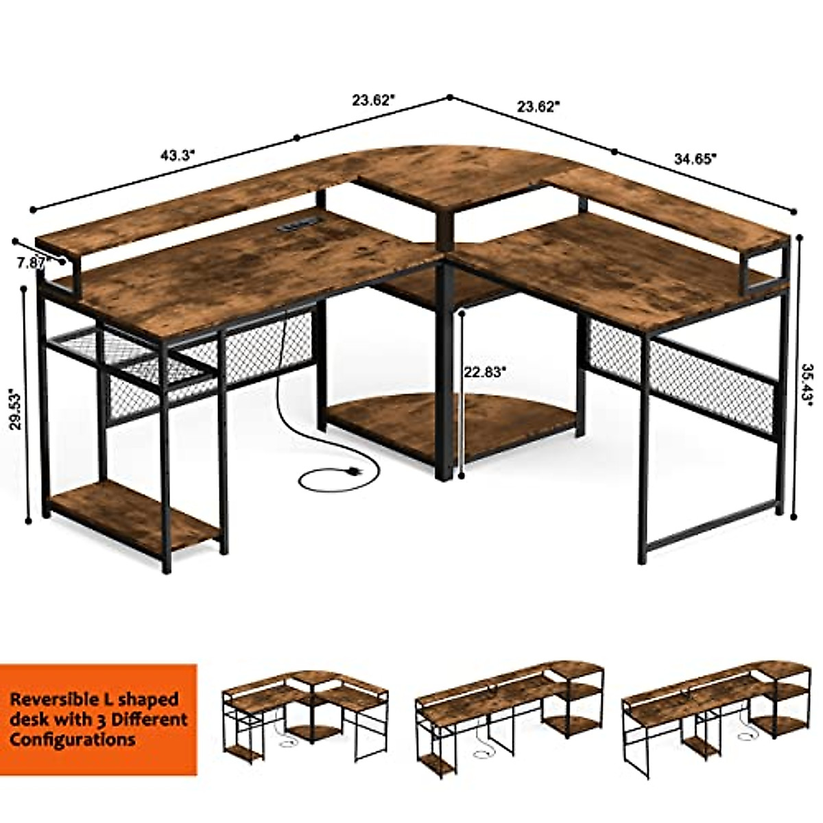 AYEASY 66" Computer Desk L Shaped Desk with Storage, Reversible Corner Desk with USB Charging Port & Power Outlet,Gaming Desk L Shape with Monitor Shelf, Large Home Office Desk, Rustic Brown