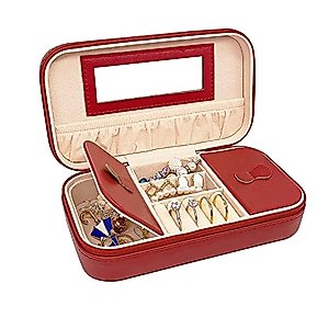 Soddeph Small Jewelry Box, Portable Mini Travel Jewelry Case Storage Organizer, PU Leather Double Layer Jewellery Organizer for Women and Girls Gift (Red)