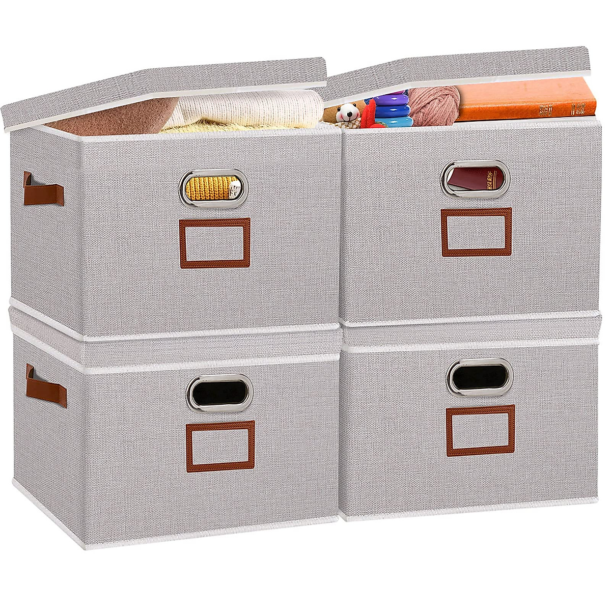 OUTBROS 4-Pack Large Collapsible Storage Bins with Lids, 15 * 9.8 * 9.8inch Foldable Fabric Storage Boxes Organizer Containers Baskets Cube with Label Window, for Home Bedroom Office, Light Gray