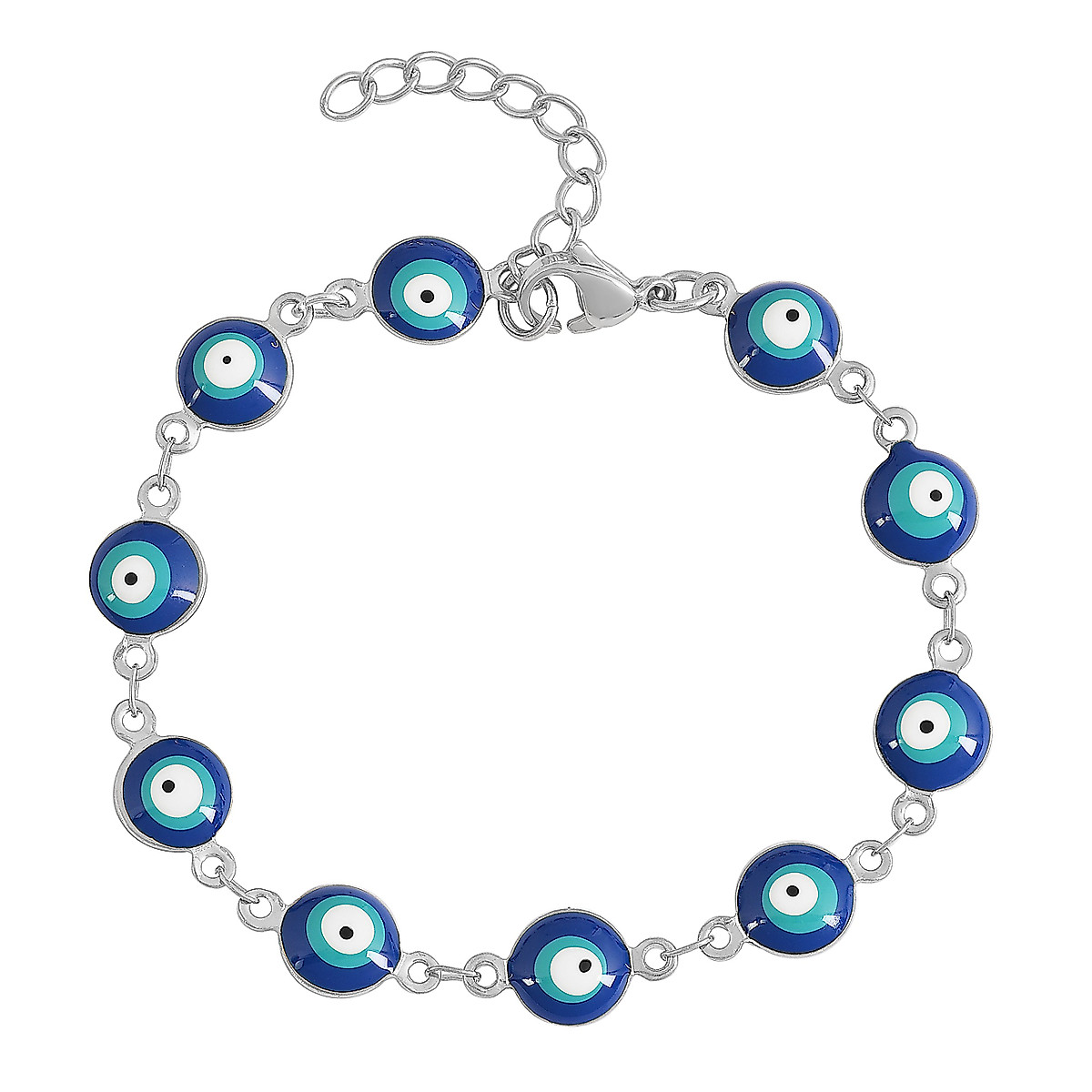 Edforce Stainless Steel Women's Charm Bracelet Green | Gold Enamel Evil Eye Protection Link Chain Adjustable, 8" (Aqua, Silver-and-Stainless-Steel)
