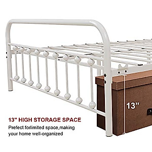NEEBIRGELIA White Metal Bed Frame Queen Size with Headboard and Footboard Single Platform Mattress Base,Metal Tube and Iron-Art Bed（Queen,Grayish White）
