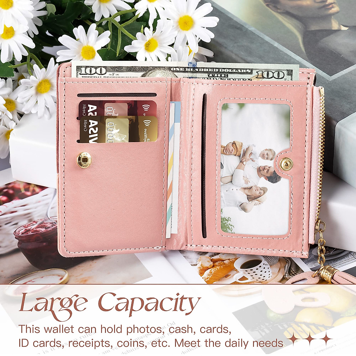 MIPAHI Simple Short Women's Zipper Wallet With Tassels,Leather Large-Capacity Card Holder Coin Purse for Women 4.7 * 3.5 * 0.6 inch