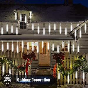 LED Christmas Lights, LED Meteor Shower Rain Lights White 8 Tubes 192 LEDs Waterproof Snow Falling Raindrop Icicle Garden Light for Christmas Tree Halloween Decoration Holiday Party Wedding (White)