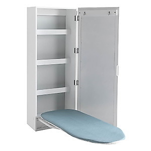 Wall Mount Ironing Board, Foldable Hiding 180° Swivel Ironing Board with 4 Spacious Storageshelve, Multifunctional Bathroom Cabinet with Mirror, White Ironing Board Cabinet