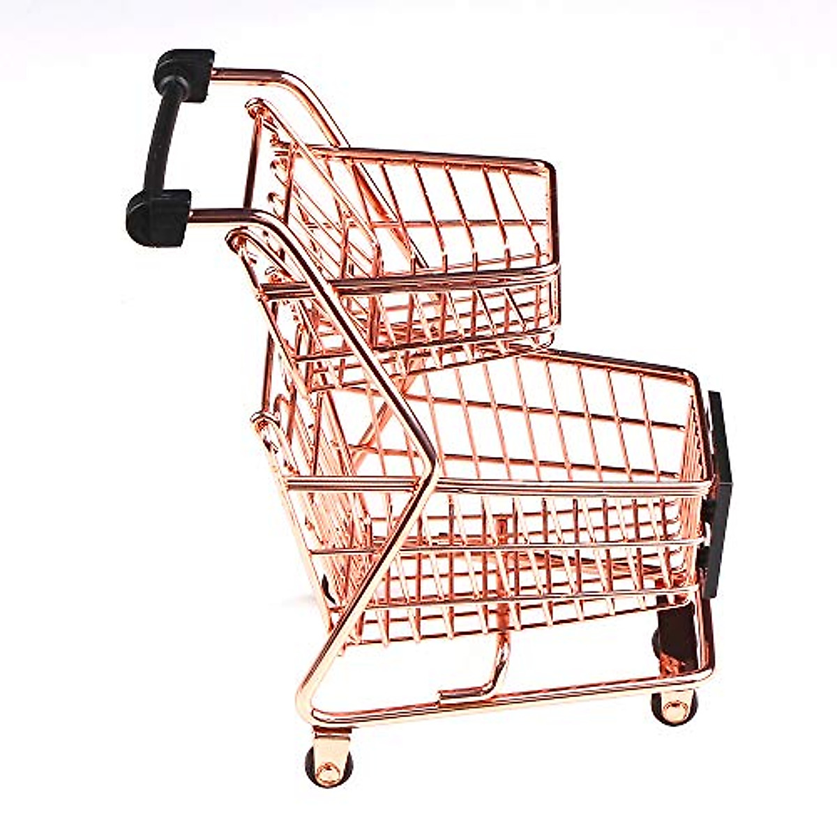 Wowagoga Mini Metal Shopping Cart Supermarket Handcart Trolley, Table Office Novelty Decoration, Creative Storage Tools (Rose Gold, Double-Deck)