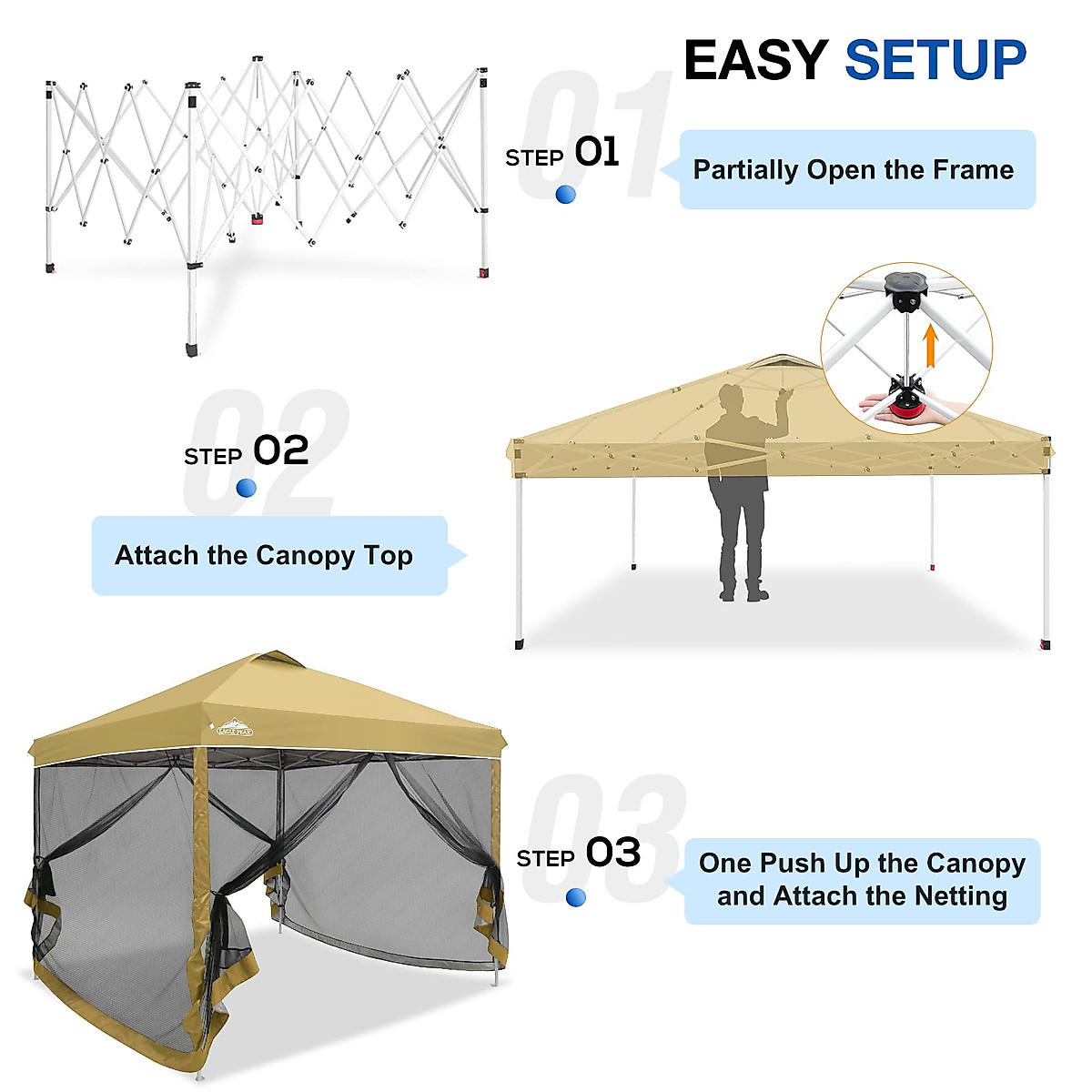 EAGLE PEAK 10x10 Outdoor Easy Pop up Canopy with Netting, Instant Screen Party Tent with Mesh Side Walls, Beige