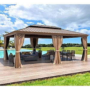 MELLCOM 14'x20' Gazebo, Galvanized Steel Double Roof with Wood Grain Aluminum Frame, Outdoor Permanent Metal Pavilion with Curtains and Nettings for Patio, Backyard and Deck