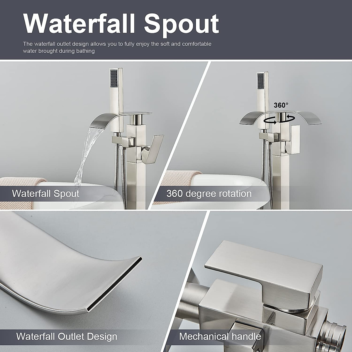 Senlesen Stainless Steel Bathroom Free Standing Tub Filler Faucet Brushed Nickel Freestanding Bathtub Faucets with Handheld Shower Mixer Taps