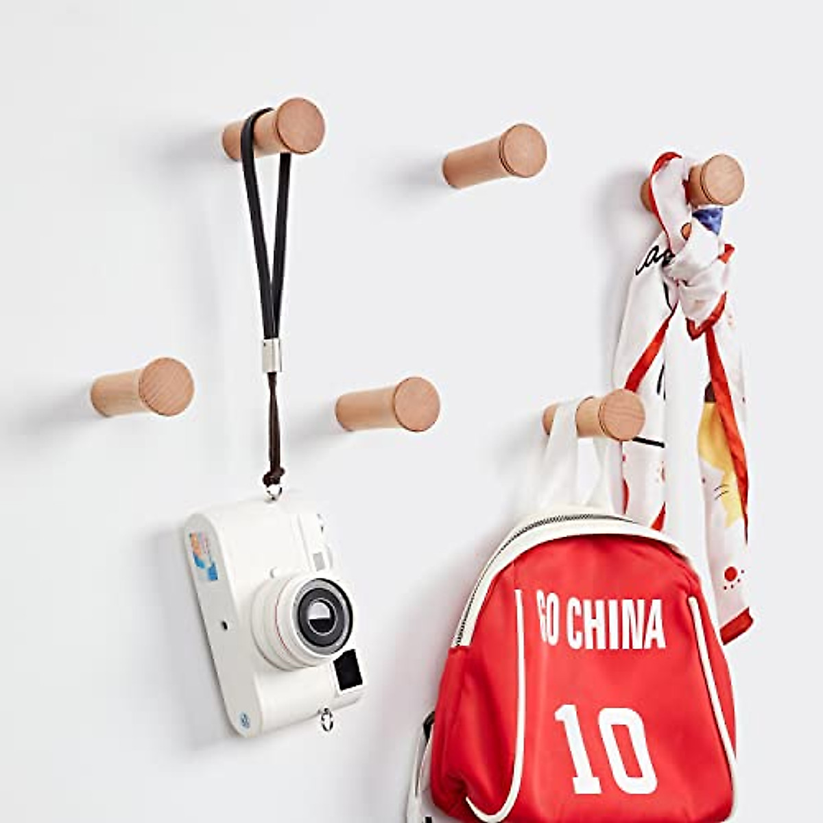 HomeDo Wall Hooks Rack, Wooden Coat Hooks Wall Mounted, Entryway Hat Rack, Decorative Hooks Single Organizer Wall Hanger Hat Hook Towel Rack, Heavy Duty Hooks (Beech-2inch-5Pack)