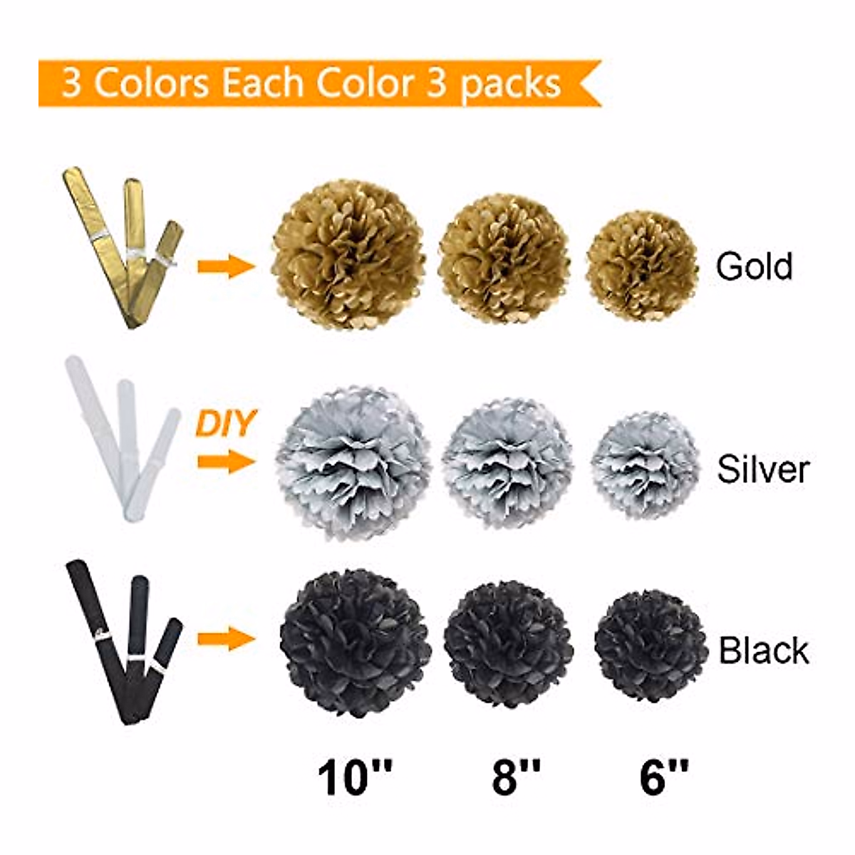 Black and Gold Party Decorations - Masquerade and Birthday Party Decorations with DIY Paper Pom Poms Flowers, Tassel Garland, Balloons, Hanging Swirl, Circle Paper Garland - 58Pcs