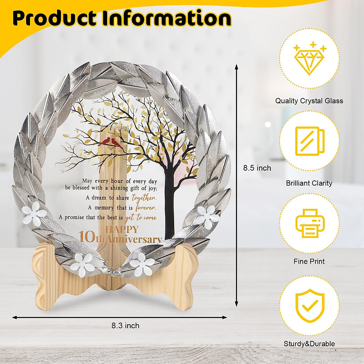10 Year Tin Anniversary Wedding Gifts Crystal Plate with Gold Leaf Wreath - 10th Anniversary Wedding Gifts for Parents Couple - 10th Wedding Anniversary Unique Gift Ideas - Cardinal Style