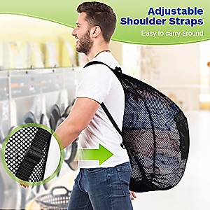 OTraki 28 x 36 inch Mesh Laundry Backpack Bag, Large Travel Laundry Bags with Shoulder Straps, Heavy Duty Drawstring Mesh Bag for Clothes Sports Soccer Ball Dorm Room Essentials (Black)