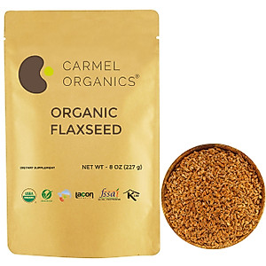 Organic Flax Seeds Whole 8 Ounce or 227g (0.5 Lb) | Non GMO | Kosher | USDA Certified Organic | By Carmel Organics | Unroasted Flax Seed | Plant Based | Linum usitatissimum