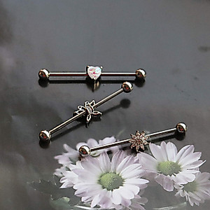 CHARM ONLINE 3PCS 14G Butterfly Flower Stainless Industrial Barbell Sparkly CZ Ear Industrial Piercing Bar for Women Men