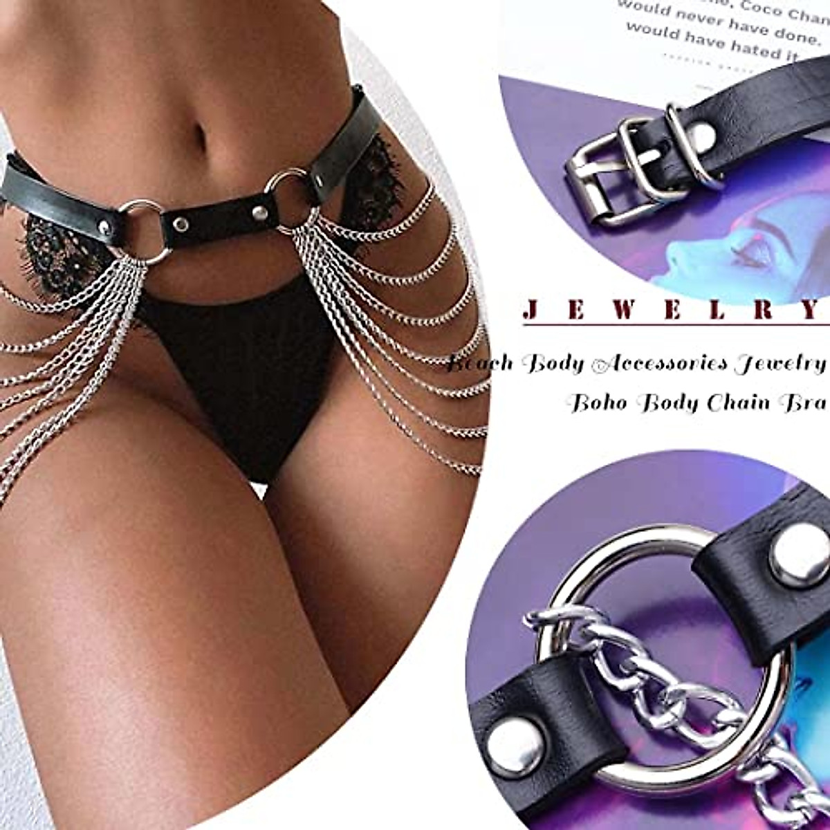 Salliy Punk Waist Chain Black Leather Belly Body Chain Thigh Harness Belt Rave Nightclub Party Body Accessories Jewelry for Women