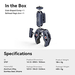 SmallRig Super Clamp Ballhead Magic Arm Camera Clamp, Crab-Shaped Monitor Clamp with 1/4"-20, 3/8"-16 Threaded Holes for Gopro/DSLR Camera/Stabilizer - 3757