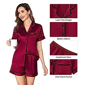 SWOMOG Mother Daughter Matching Pajamas Summer Pajamas for Women Satin Silk Pj 2 Piece Silky Lace Lounge Shorts Pjs Sleepwear Wine Red