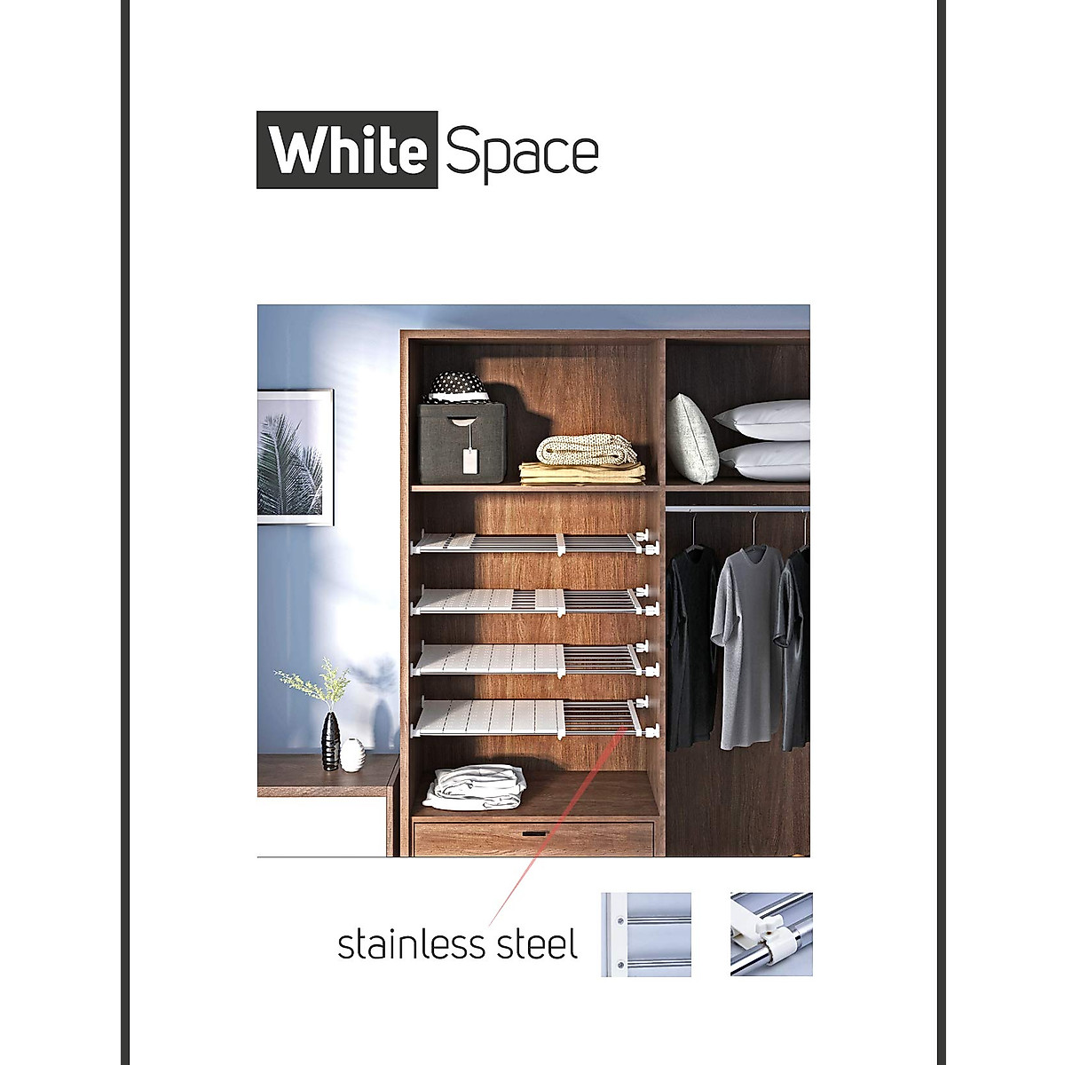 Whitespace Expandable Closet Tension Shelf - Stainless Steel 9.45 in. x 24 in. x 40 in. Adjustable Shelf, Kitchen Cabinet Storage Maximizer, Additional RV Storage, Heavy Duty Tension Rods (10x24)