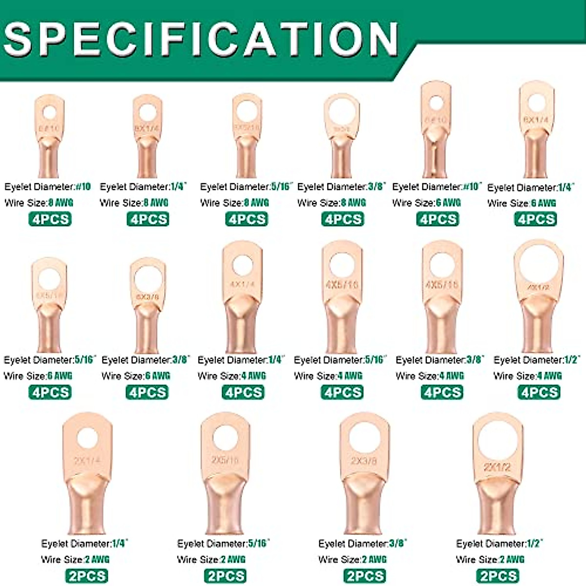 OURU 56PCS Battery Cable Lugs Kit,AWG 8 6 4 2 Gauge Heavy Duty Copper Wire Lugs Battery Cable Ends Terminals Connectors,Bare Copper Eyelet Ring Terminal