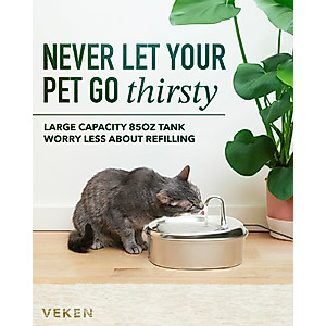 Veken Innovation Award Winner - 85oz/2.5L Oval Stainless Steel Pet Fountain, Automatic Cat and Dog Water Dispenser for Cats, Dogs, Cat Water Fountain, Multiple Pets