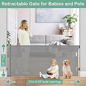 55 Inch Retractable Dog Gate Mesh Dog Gate Retractable Baby Gates for Stairs Outdoor Deck Gate Retractable Pet Gate for Dogs Indoor Toddler Gate Retractable Outdoor Gates for Deck Mesh Pet Gate (Gray)