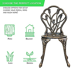 Patio Premier 217005 3pc Outdoor Tulip Garden Bistro Set, Cast Iron and Aluminum Frame, Bronze