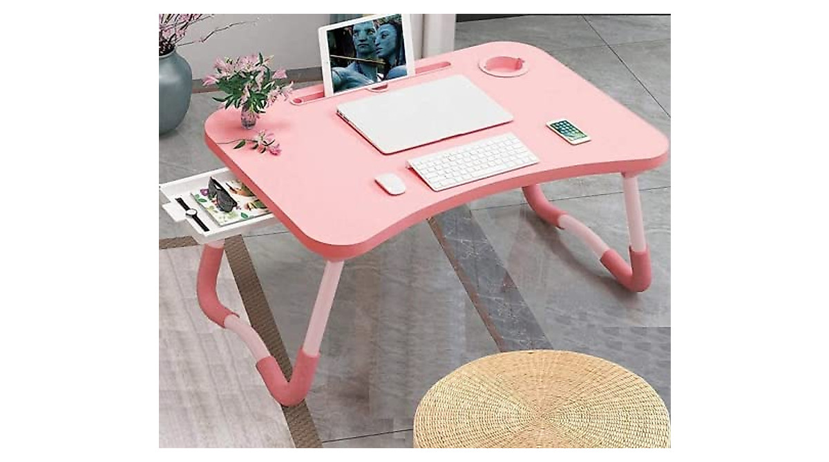 Foldable Pink Laptop Bed Desk with Storage & Cup Holder