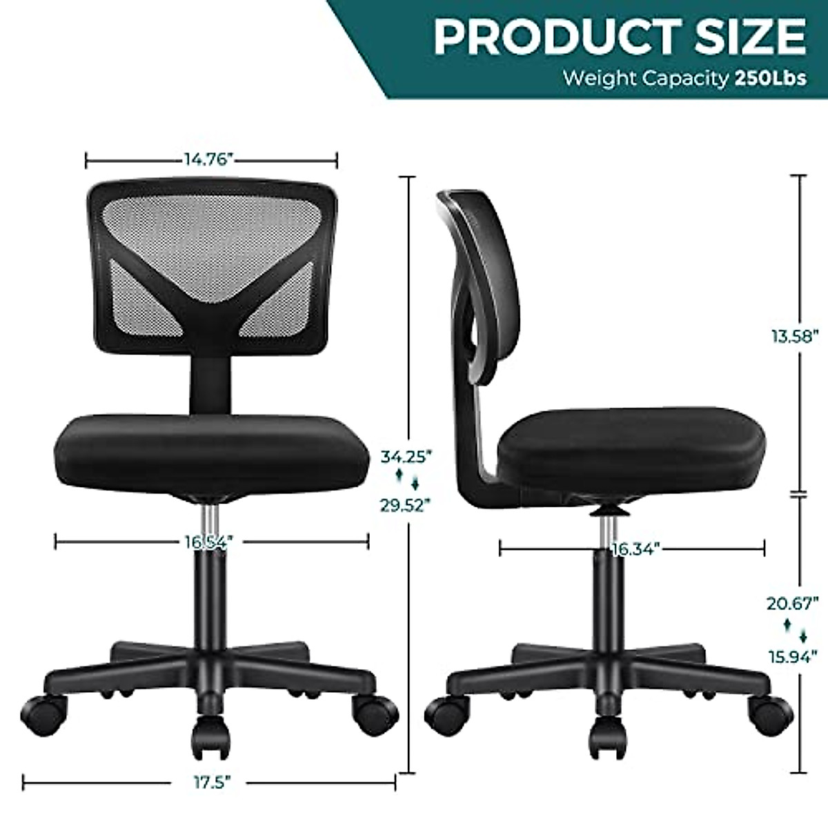 DUMOS Armless Desk Chairs with Wheels Cute Home Office Chair No Arms, Ergonomic Adjustable Swivel Rolling Task Chair, Comfy Mesh Mid Back Computer Work Vanity Chair for Small Spaces, Dark Black
