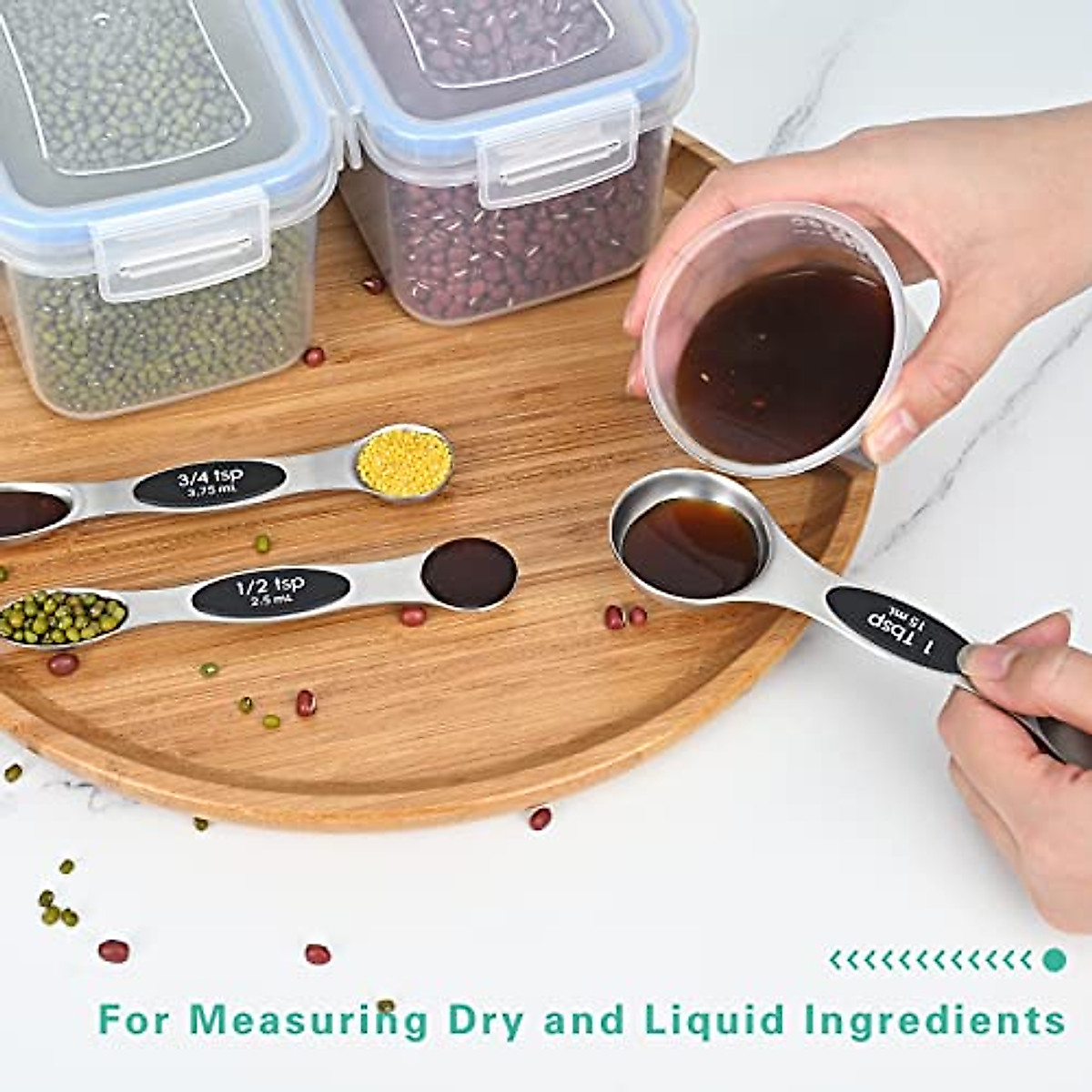 Elyum Measuring Spoons, 8 Sets Magnetic Measuring Spoons Dual Sided Stainless Steel Measuring Spoons Stackable Nesting Tablespoon Teaspoon, Fits in Spice Jars, for Dry or Liquid Ingredients (Black)