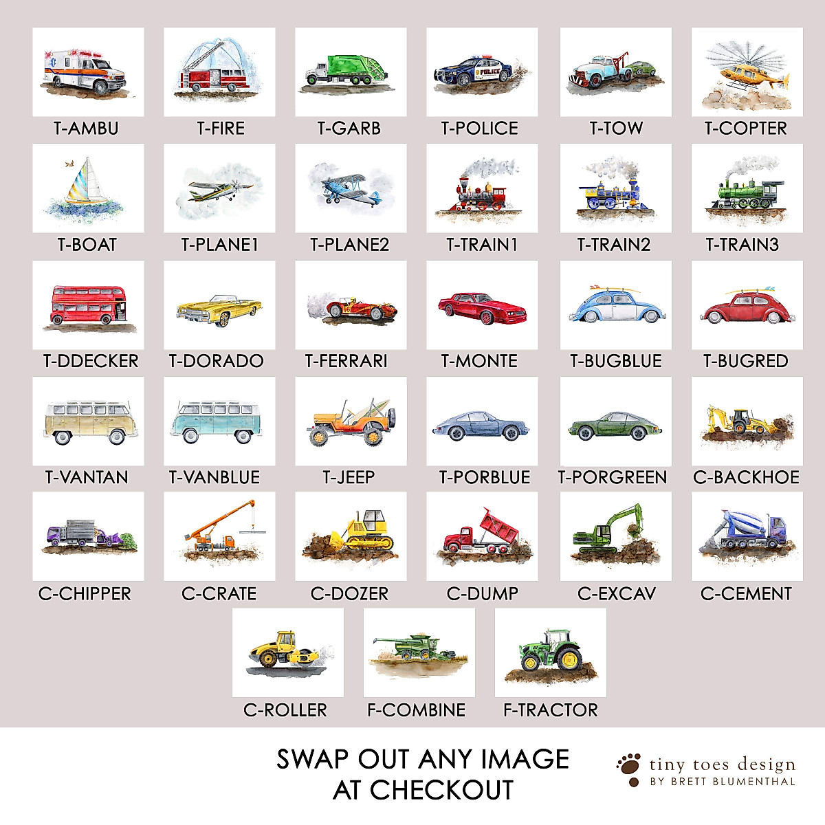 Construction Equipment Nursery Art Print Set, Set of 4 Truck Prints - Blue Cement Mixer, Green Excavator, Red Dump Truck and Yellow Bulldozer - Other Vehicles and Different Sizes Available