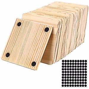 24 PCS Unfinished Square Wood Coasters, 4 Inch Blank Wooden Coasters with 100 Pcs Self Adhesive Non Slip Foam Dots, Wood Slices for DIY Crafts Painting Engraving Home Decoration