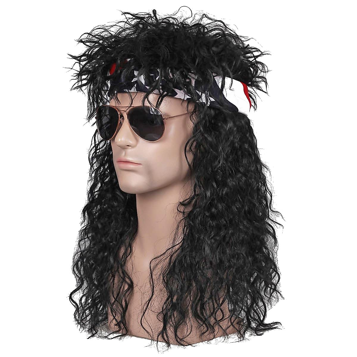80s Wig with Bandana for Men Long Curly Black Rocker cosplay wig for Halloween